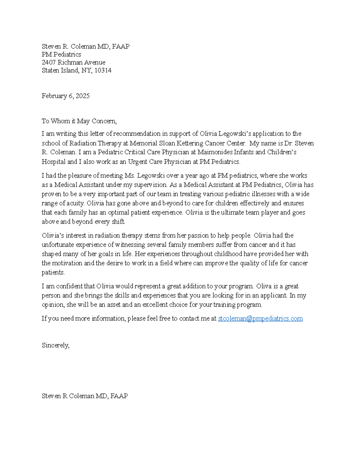 LOR - letter of recommendation template - Steven R. Coleman MD, FAAP PM ...