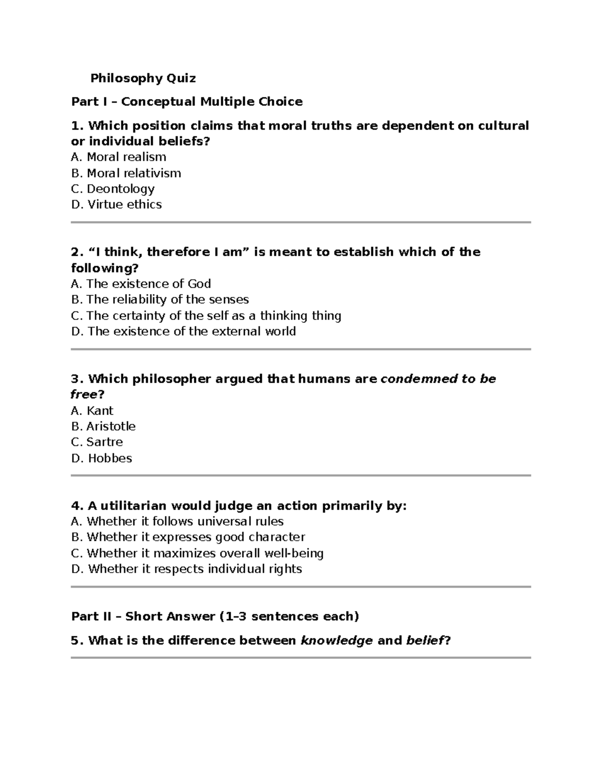 Philosophy Quiz 1: Conceptual MCQs and Short Answers - Studocu