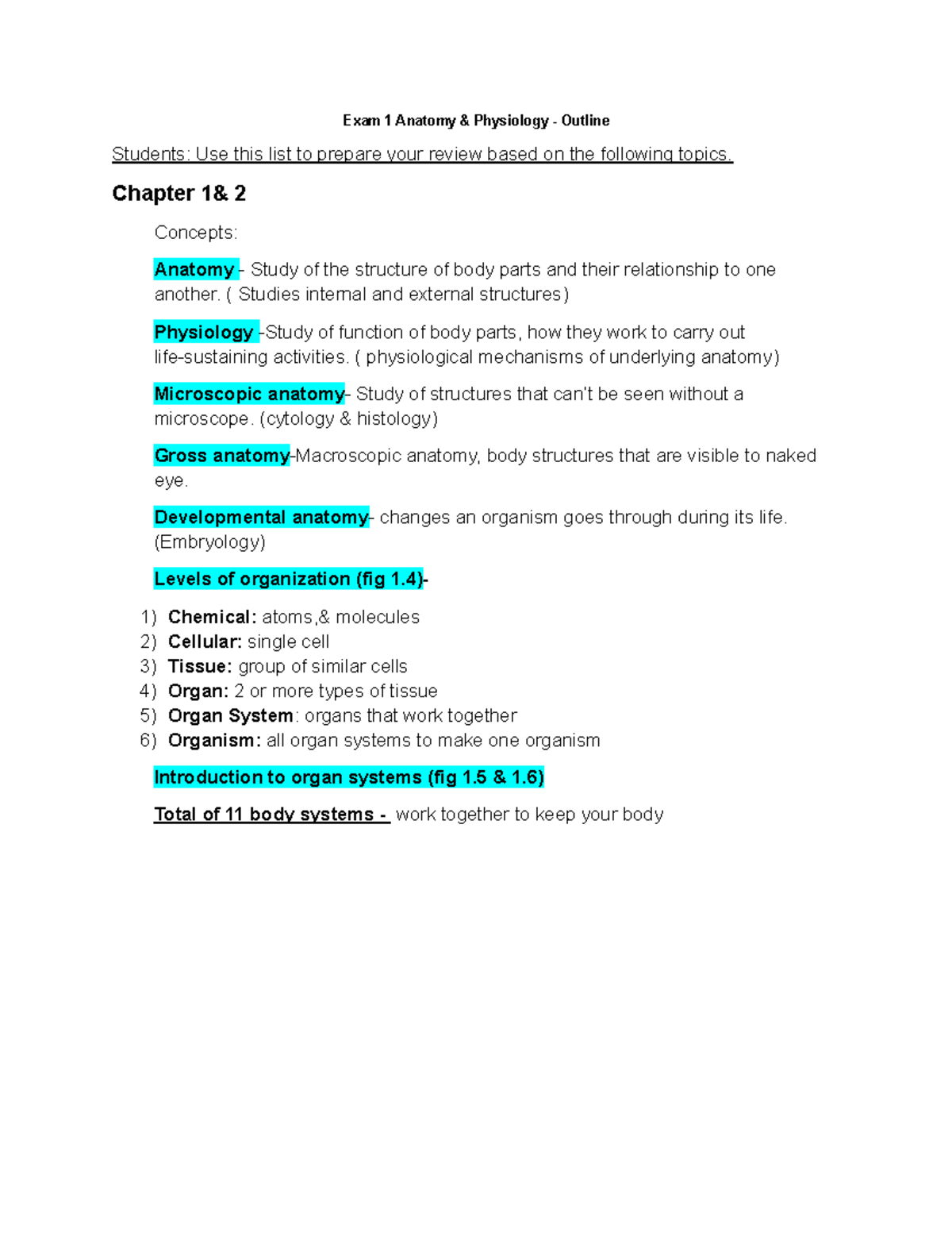 Exam 1 Anatomy & Physiology - Comprehensive Study Outline - Studocu
