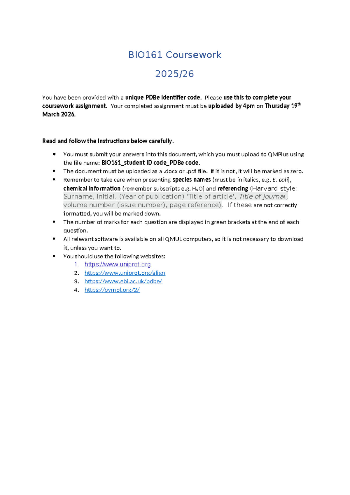 BIO161 Coursework Assignment Instructions 2025-26 - Studocu