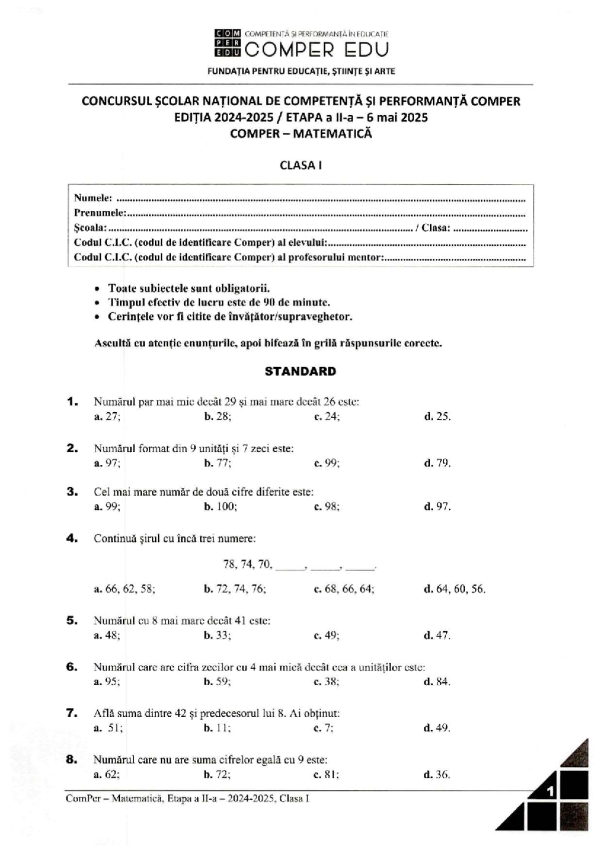 Comper Matematică Clasa I - Concurs Național Etapa II 2024-2025 - Studocu