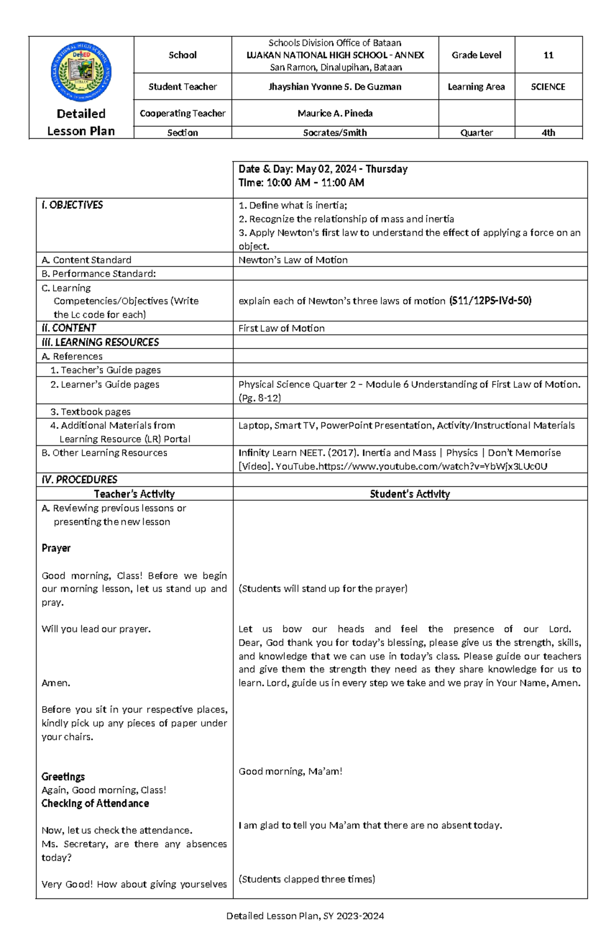 043024 Final Lesson Plan on DLP: Newton's First Law of Motion - Studocu