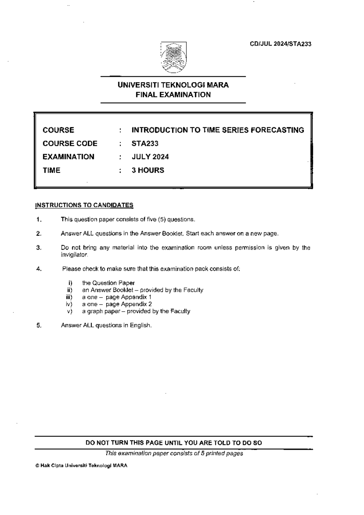 STA233 FINAL EXAMINATION: INTRODUCTION TO TIME SERIES FORECASTING - Studocu