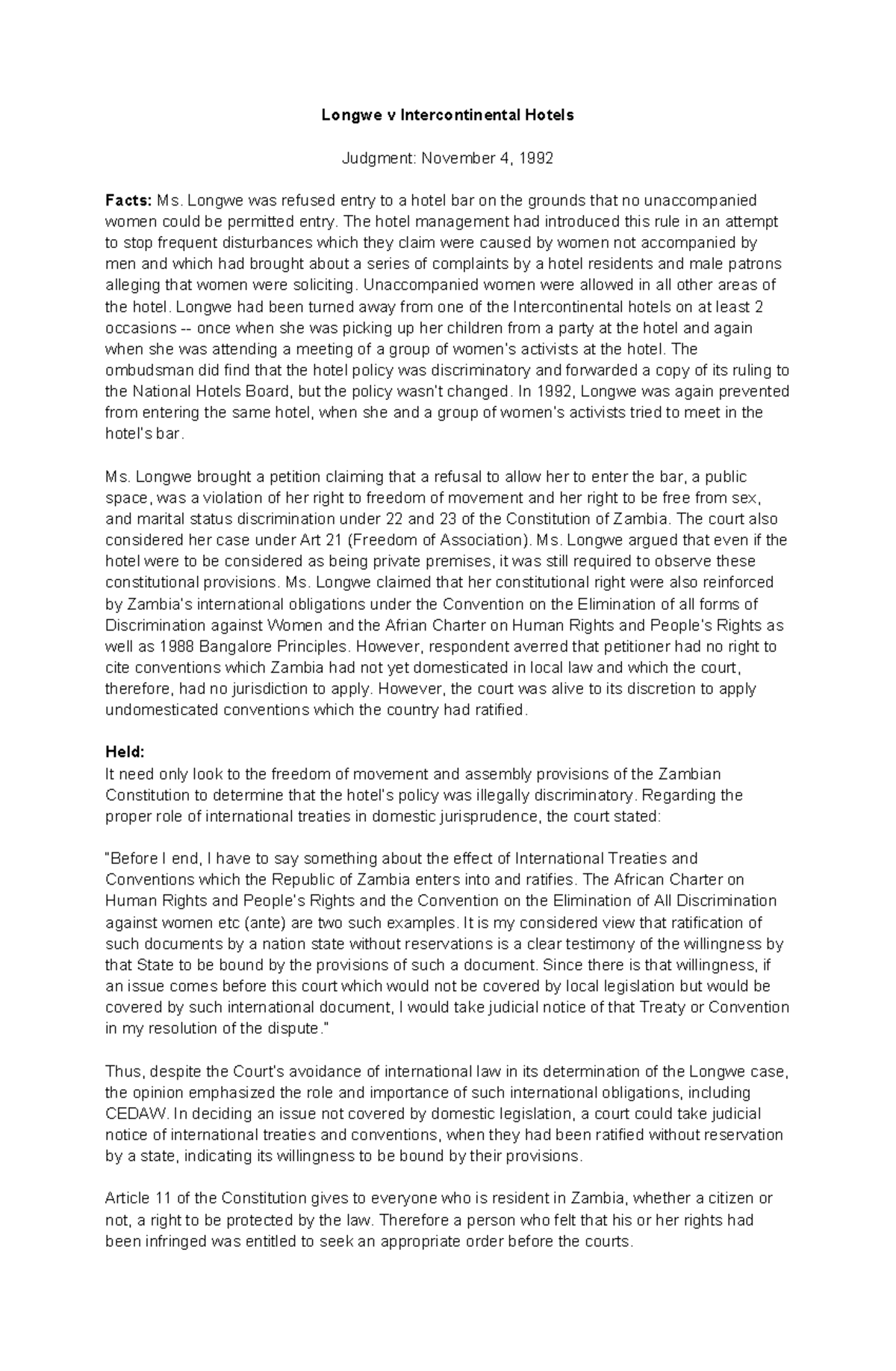 Longwe v Intercontinental Hotels Case Study: Judgment Analysis - Studocu