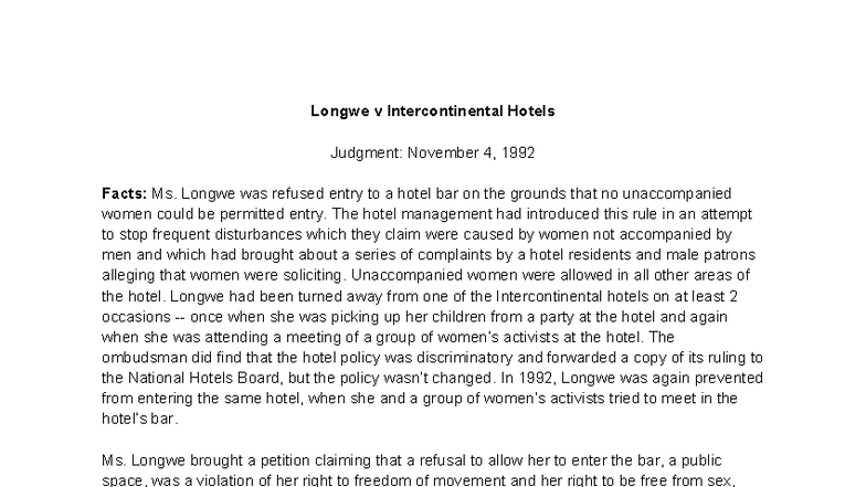 Longwe v Intercontinental Hotels Case Study: Judgment Analysis - Studocu