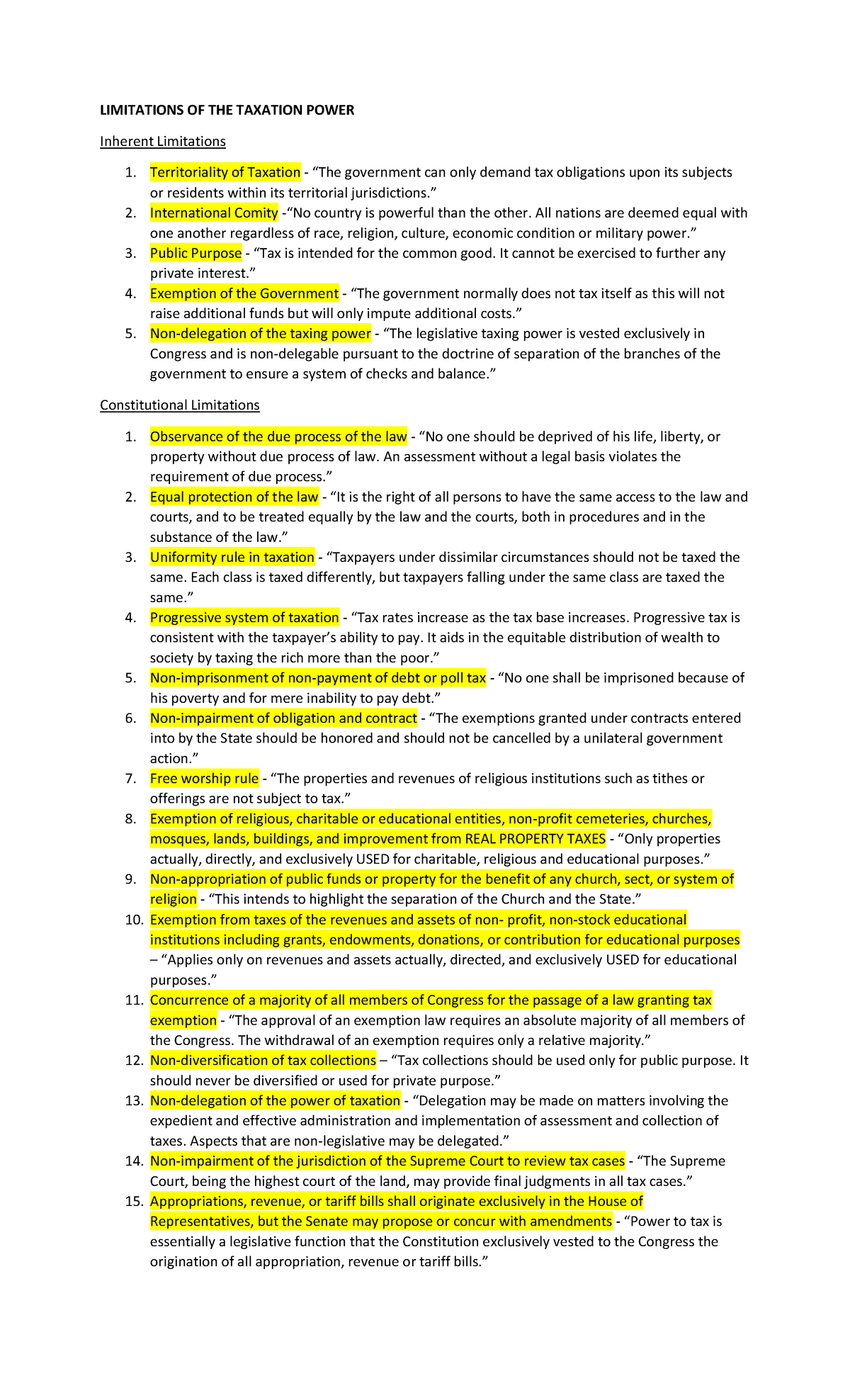 Principles of Taxation: Limitations and Constitutional Aspects - Studocu