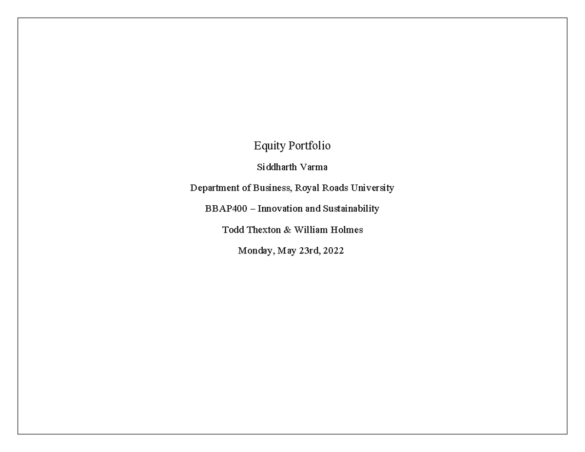 BBAP400 Project 1: Equity Portfolio Analysis & Prospectus - Studocu