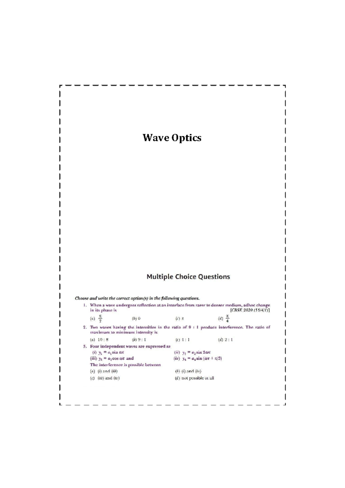 Wave Optics MCQs & Assertions: Practice Questions for PHYS 2020 - Studocu
