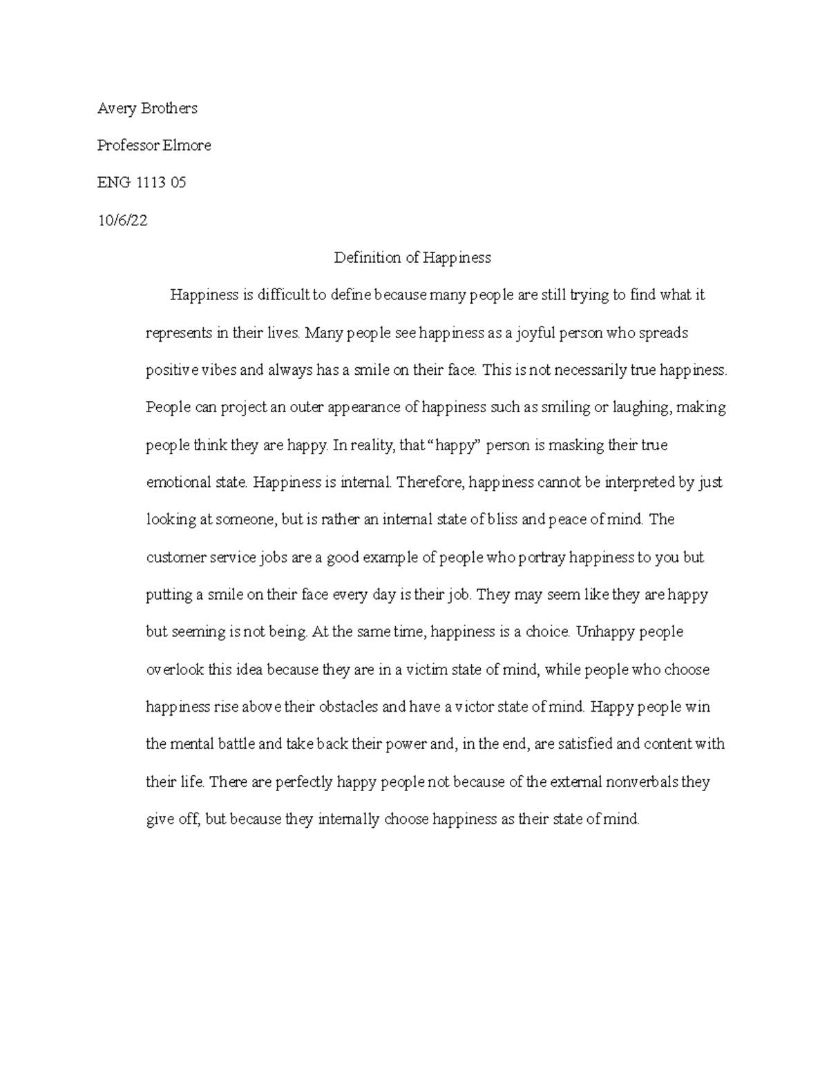 ENG 1113 05 Essay Notes: Exploring the Definition of Happiness - Studocu