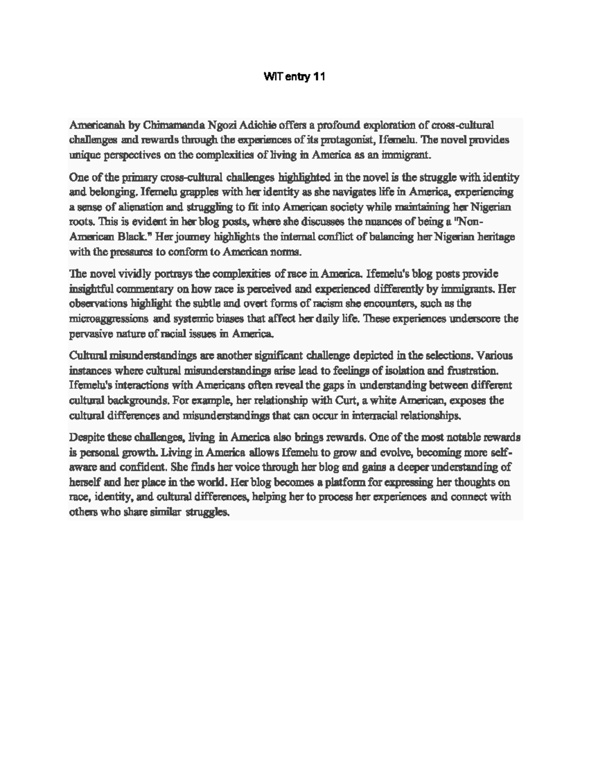 WIT 2.0 11 - Short Essay on Identity and Race in Americanah - Studocu