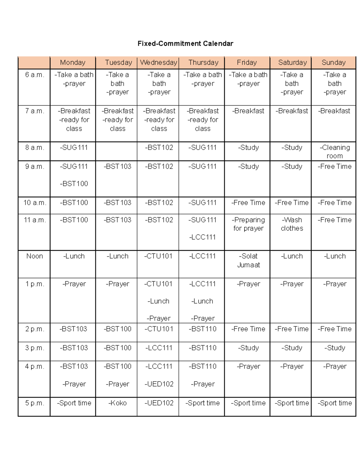 Fixed-Commitment Calendar (Appendix 2) for Class Schedule - Studocu