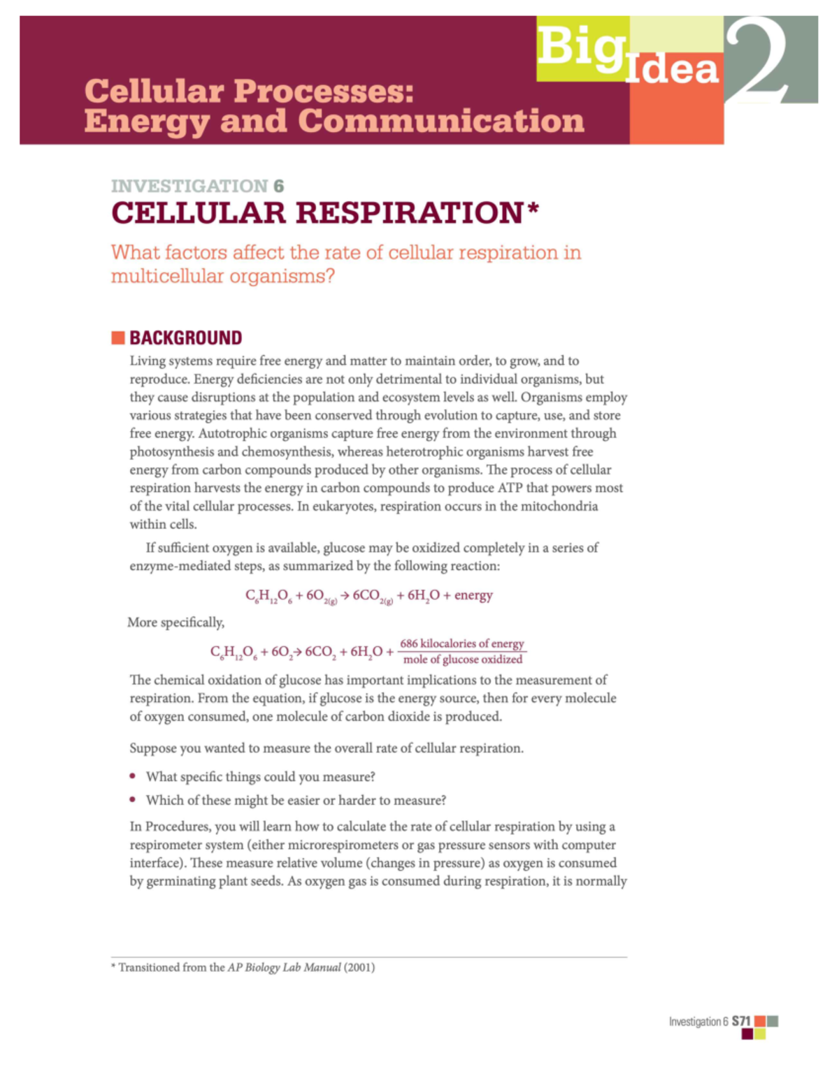 Cellular Respiration Lab - Bigidea Cellular Processes: Energy and ...