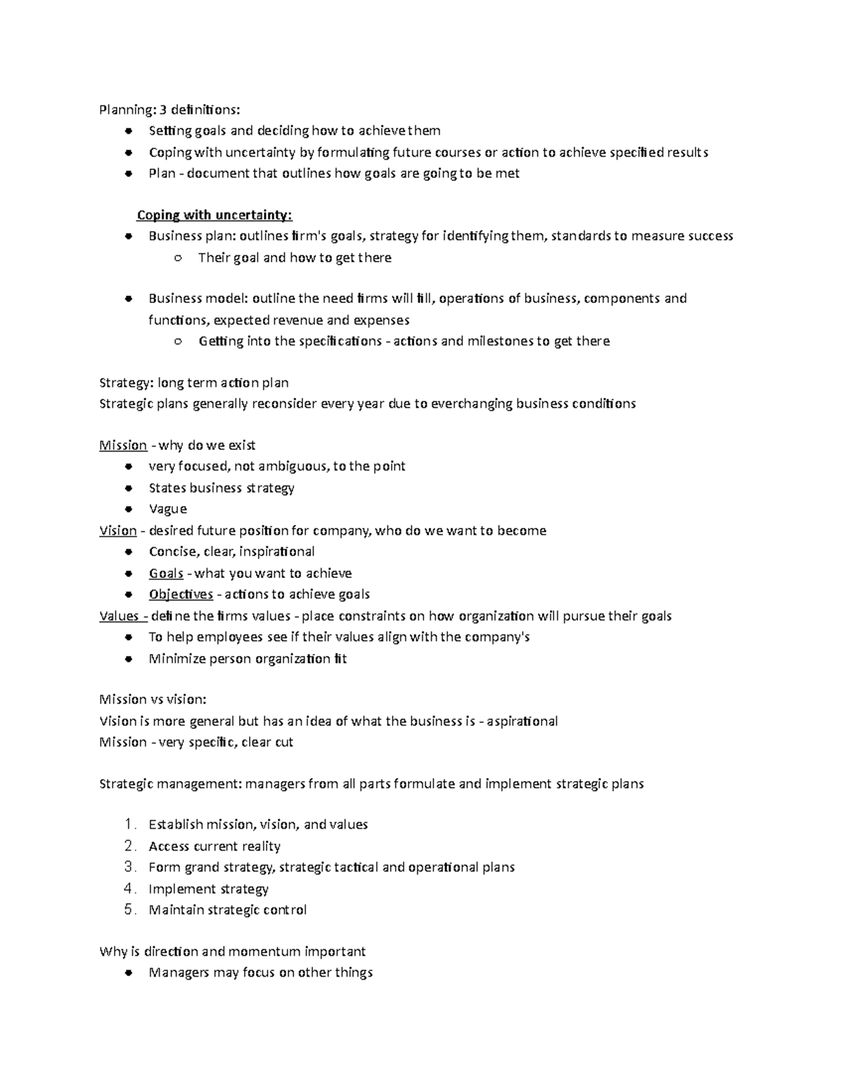 Class 6 - Intro MGT - Planning: 3 definitions: Setting goals and ...
