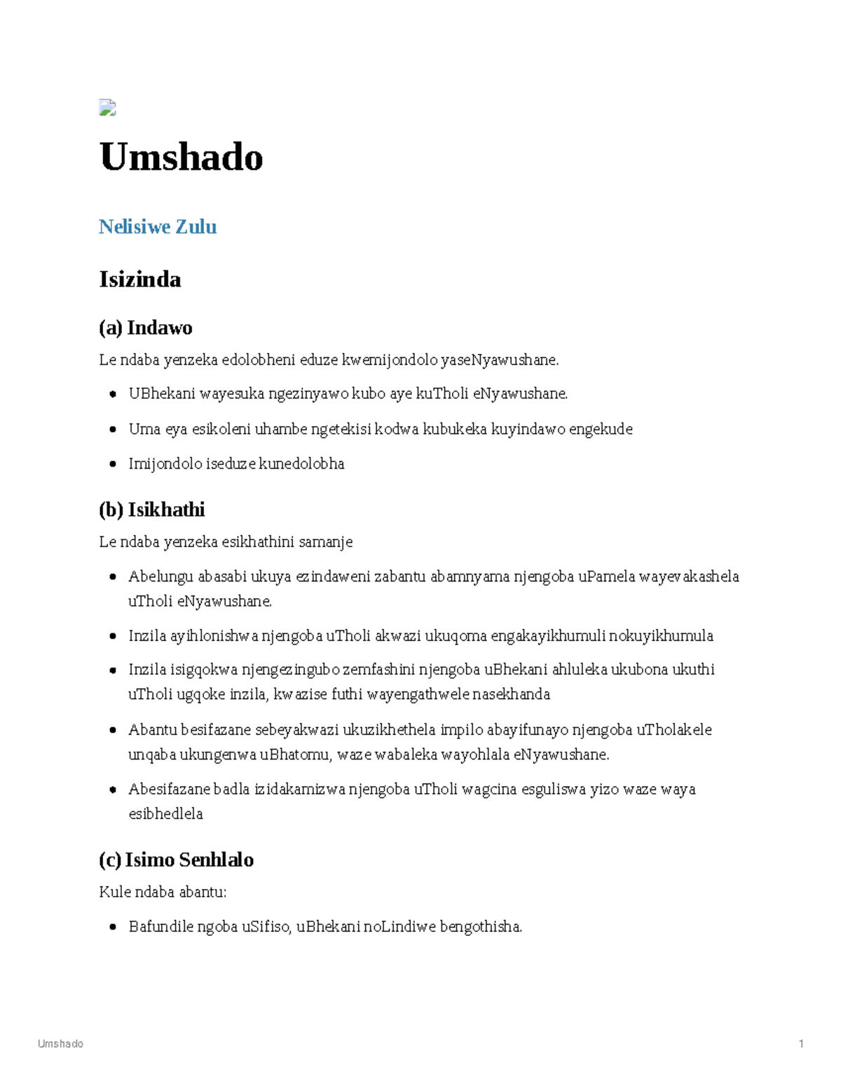 Isizinda Nezimo Zothando: Ukuhlaziywa Kwendaba kaBhekani noTholi - Studocu