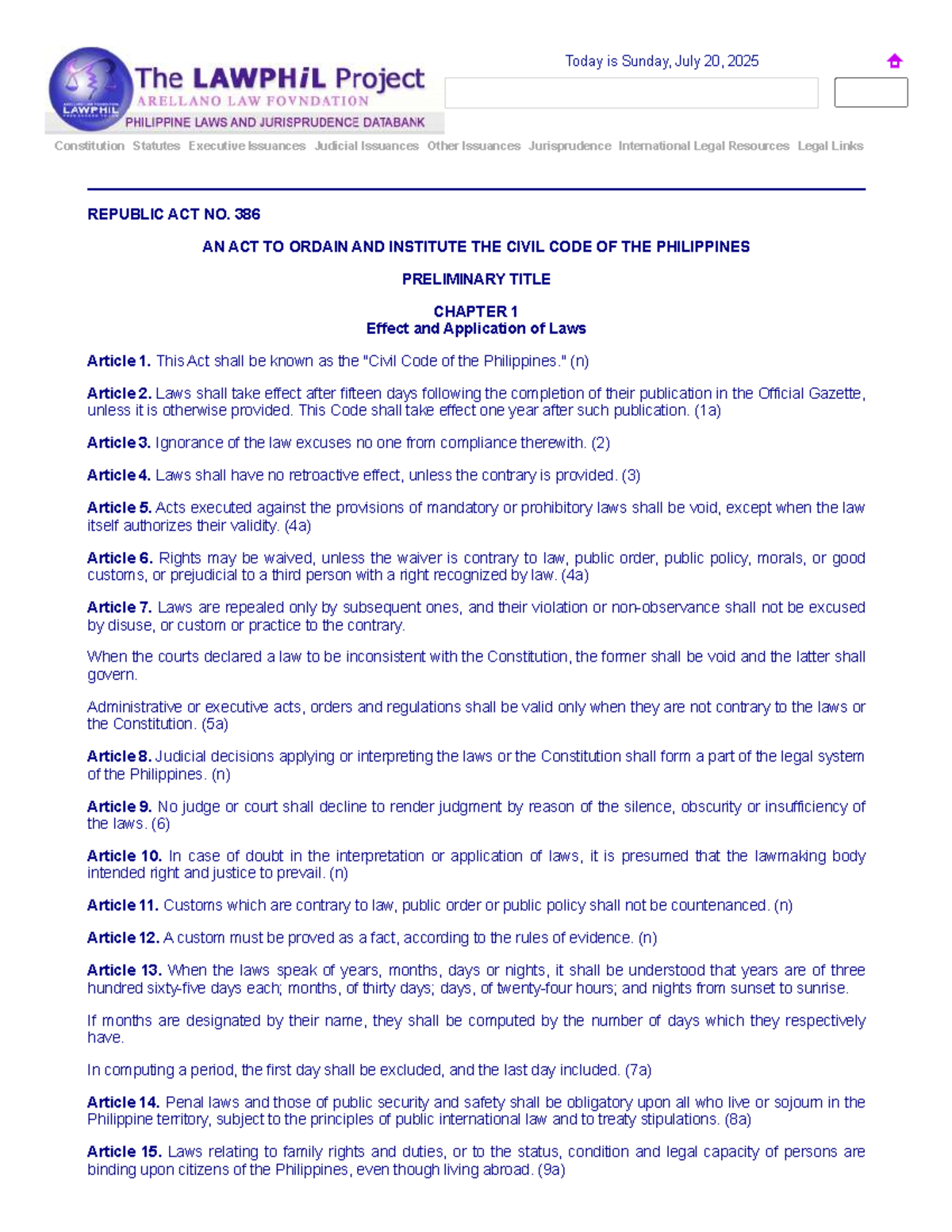 R.A. 386 - Civil Code of the Philippines: Key Articles and Provisions ...