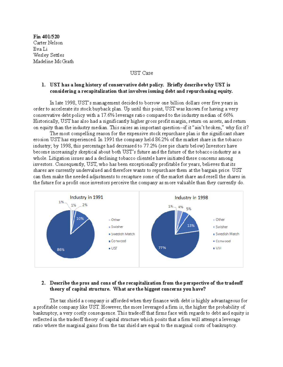 Fin 401 Final Case Study: UST Recapitalization and Debt Policy Analysis - Studocu