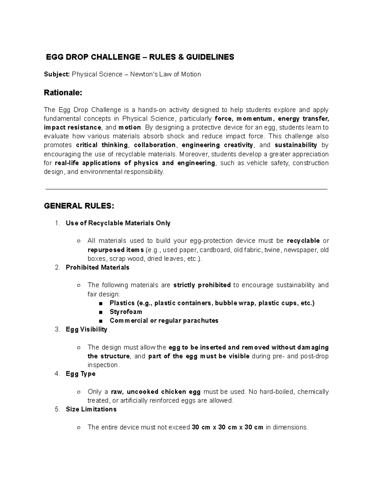 Egg Drop Challenge Guidelines - EGG DROP CHALLENGE – RULES & GUIDELINES ...