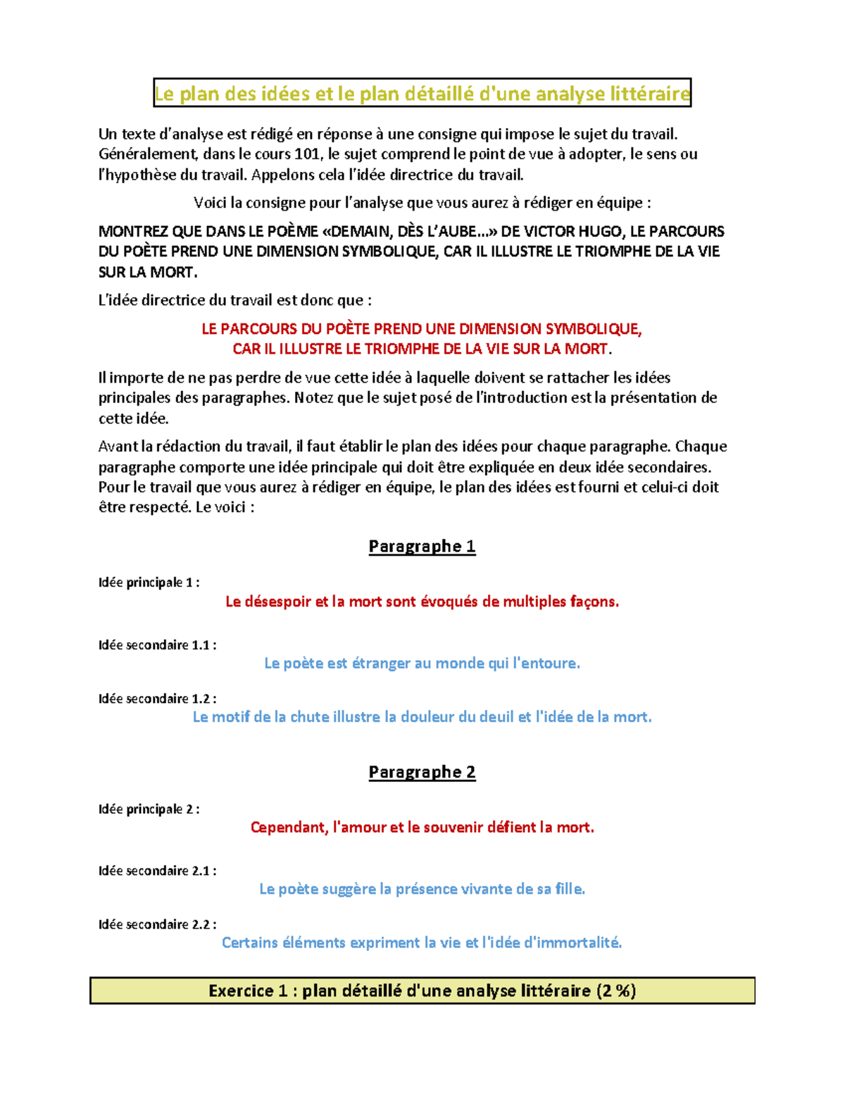 Exercice 1 - 2% : Plan détaillé d'analyse littéraire sur Victor Hugo ...