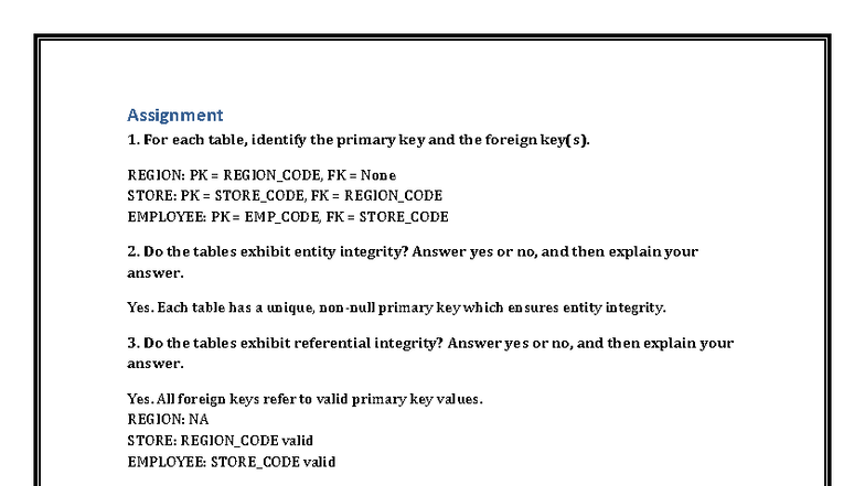 DB Assignment - Keys, Integrity, and ERD Analysis - Studocu