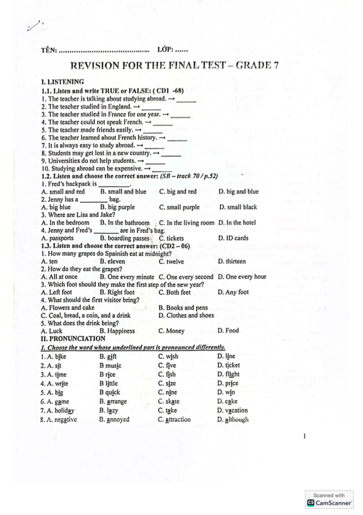 Final Exam Revision for Grade 7 Listening (G7) - Studocu