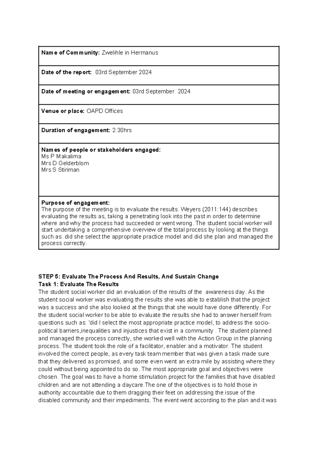 Community WORK Process Evaluation Report - Zwelihle (Step 5, Task 2 ...