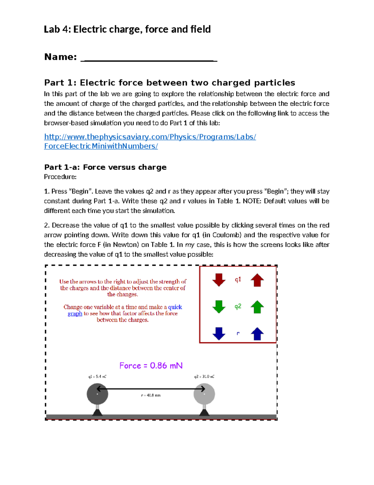 Lab 04 - Electric charge, force and field - Name ...