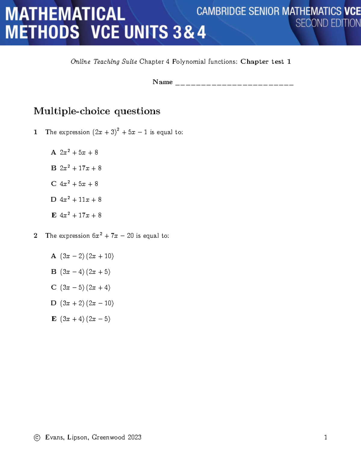 Chapter 4 Polynomial Functions: Online Teaching Suite Test 1 - Studocu