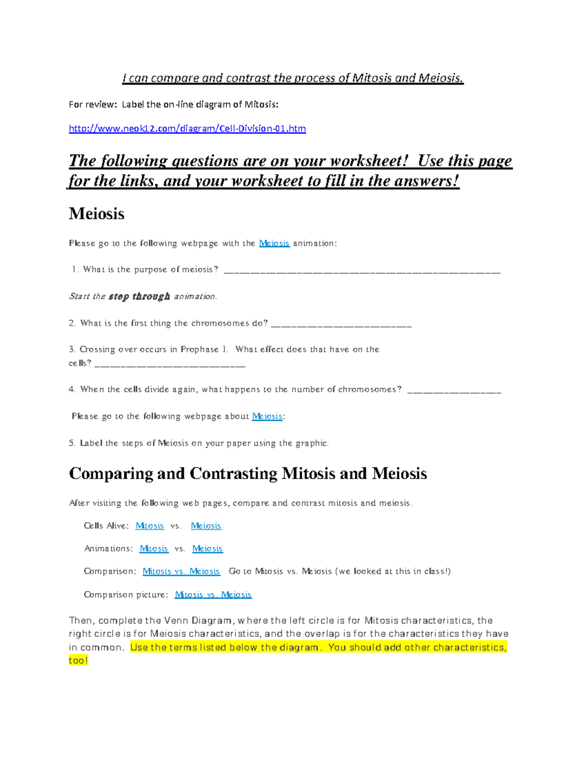 Mitosis vs. Meiosis: A Comparative Study (Biology 101) - Studocu