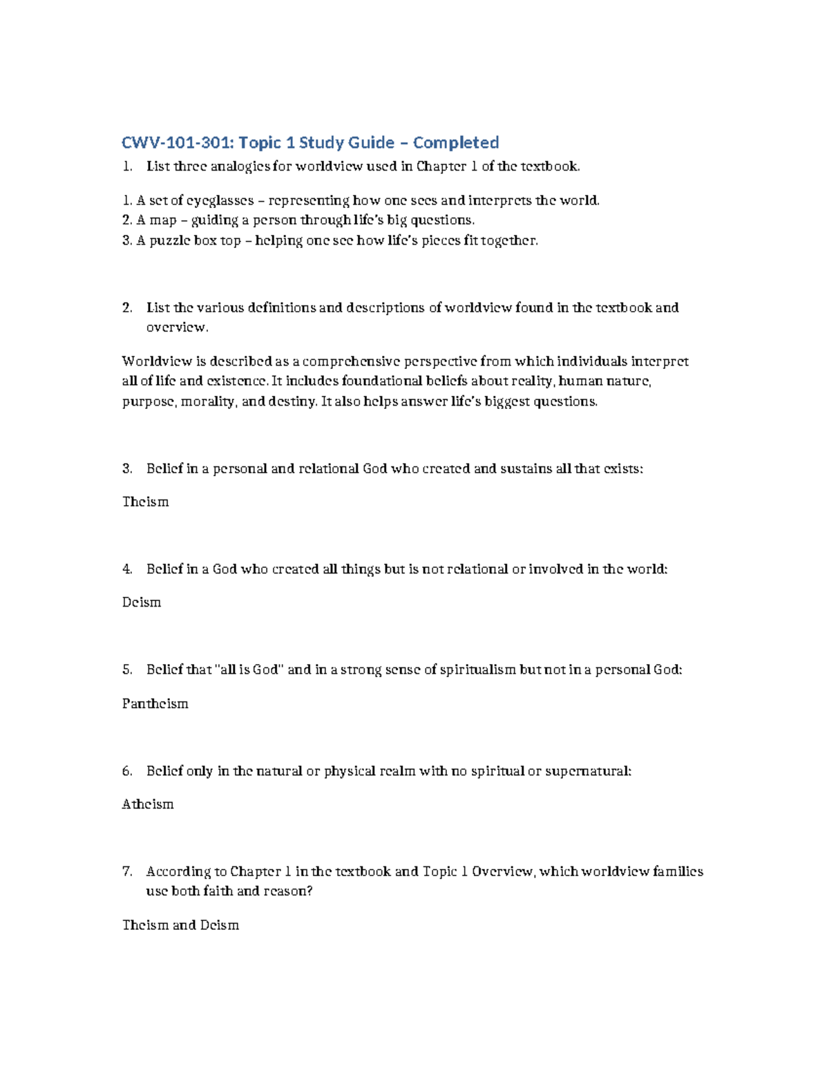 CWV 101 Topic 1 Study Guide: Worldview Analogies & Definitions - Studocu