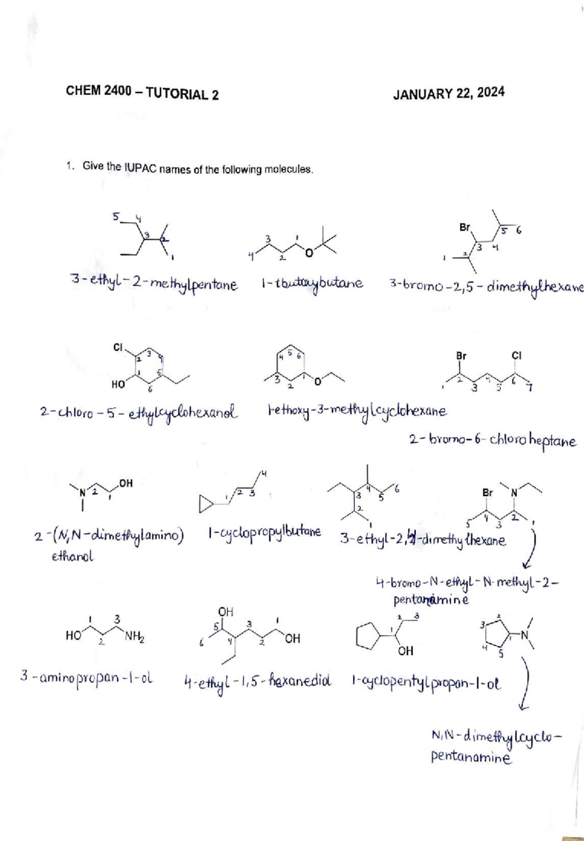 CHEM 2400 TUTORIAL 2 SOLUTIONS - IUPAC NAMES & STRUCTURES - Studocu
