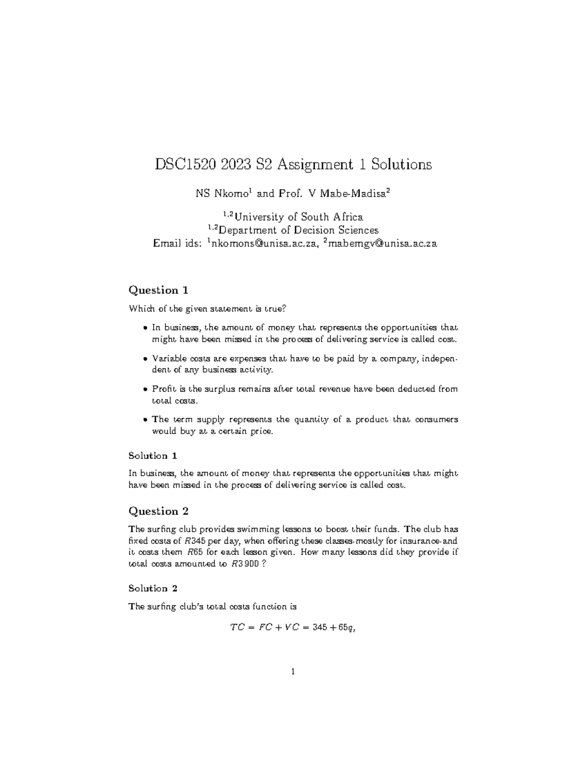 DSC1520 2023 S2 Assignment 1 Solutions (1) - DSC1520 2023 S2 Assignment 1 Solutions NS Nkomo 1 ...