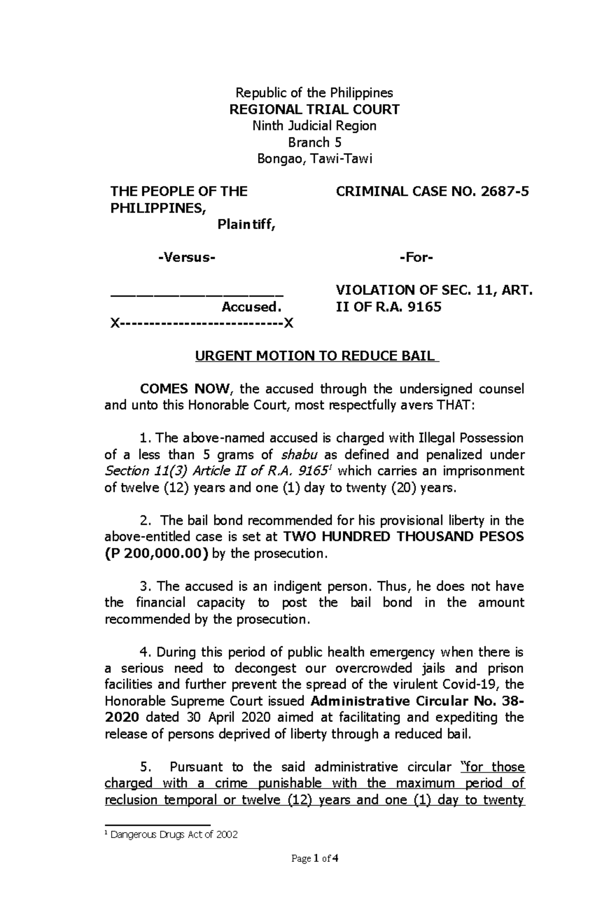 Ilide - motion to reduce bail sample - Republic of the Philippines ...
