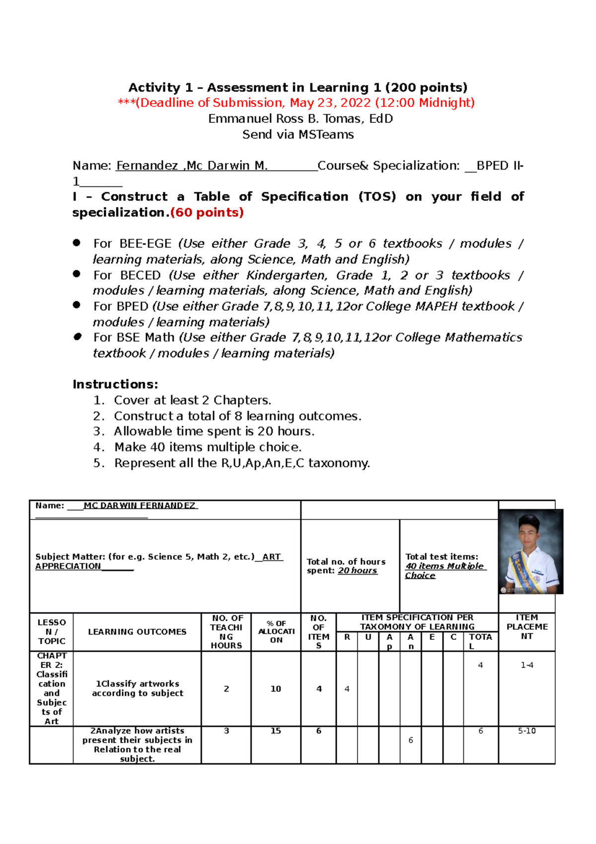 Assessment 1 - EMSI - TOS & Multiple-Choice Test Development - Studocu