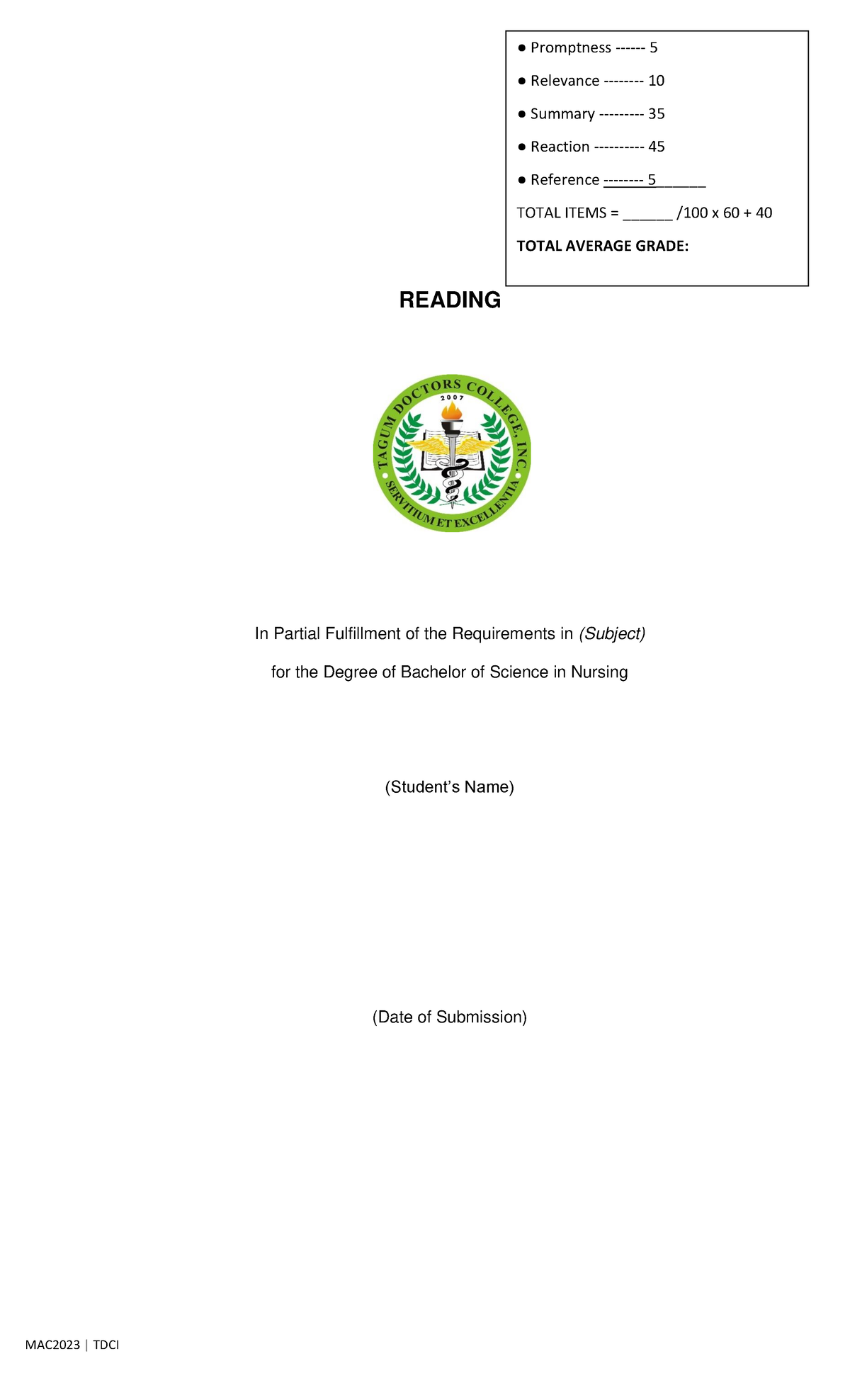 NURS 101 Requirements Cover Page & Grading Template for Assignments ...