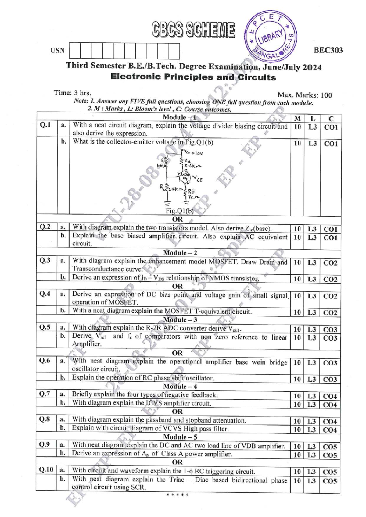 BEC303 Third Semester Exam 2024 - Electronic Principles & Circuits QP ...