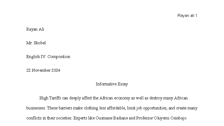 ENG IV: Comp - Informative Essay on High Tariffs & AfCFTA Impact - Studocu
