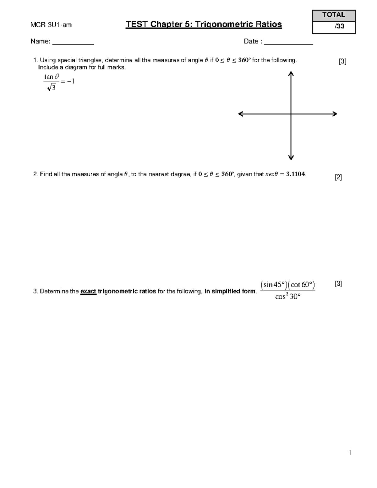 MCR 3U1 - Trigonometric Ratios Test - Chapter 5 (2020) - Studocu