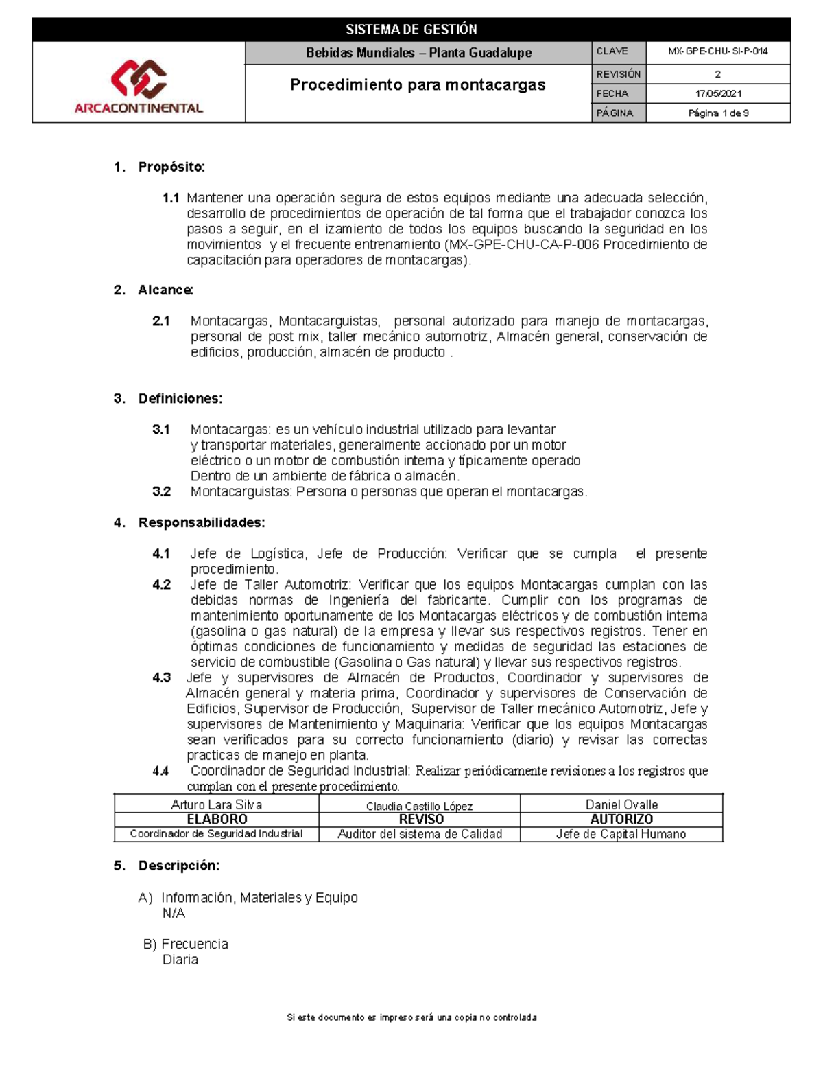Procedimiento de Capacitación y Seguridad para Montacargas (MX-GPE-CHU-SI-P) - Studocu