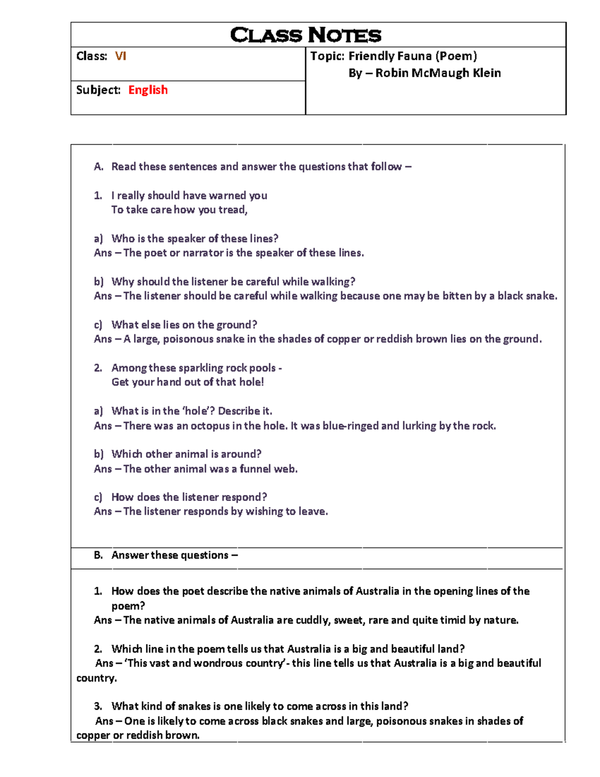 VI-English - Lecture Notes on 'Friendly Fauna' Poem Analysis - Studocu