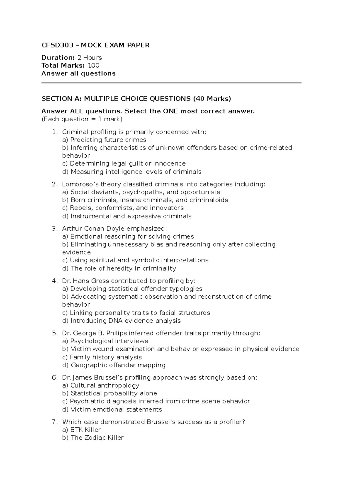 CFSD303 Mock Exam Paper: Criminal Profiling Insights - Studocu