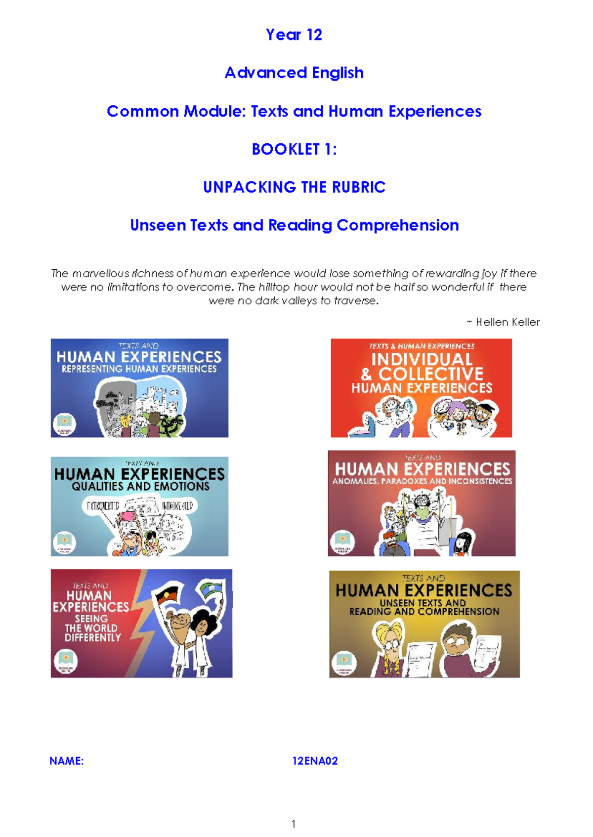 Year 12 Advanced English 12ENA02: Unpacking Texts & Human Experiences ...