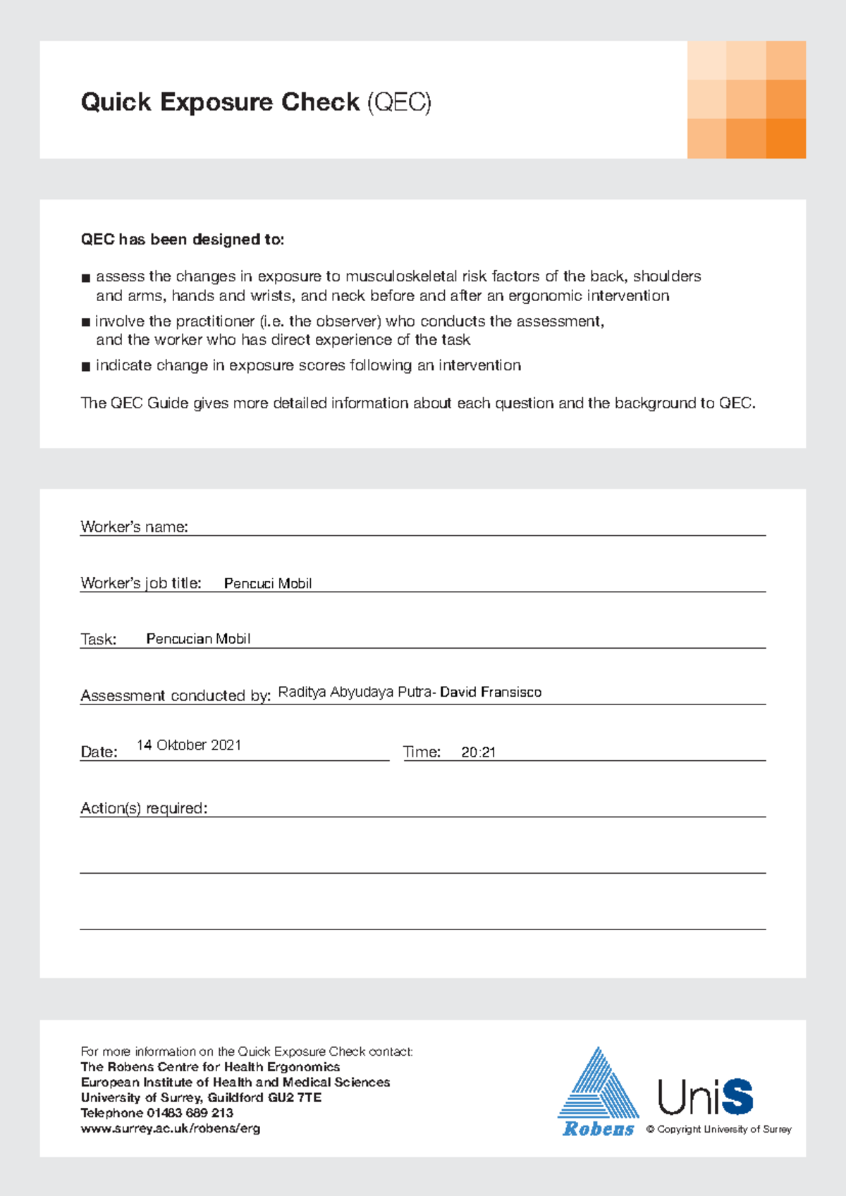 QEC Worksheet for Musculoskeletal Risk Assessment Exam - Studocu