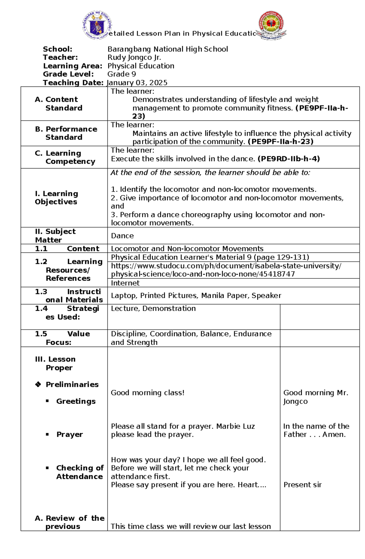 Grade 9 PE Lesson Plan: Locomotor & Non-Locomotor Movements - Studocu