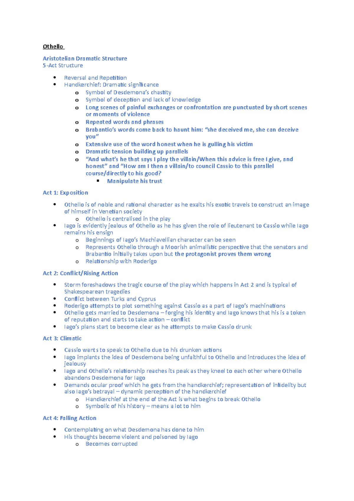 Othello Analysis - Othello Aristotelian Dramatic Structure 5-Act ...