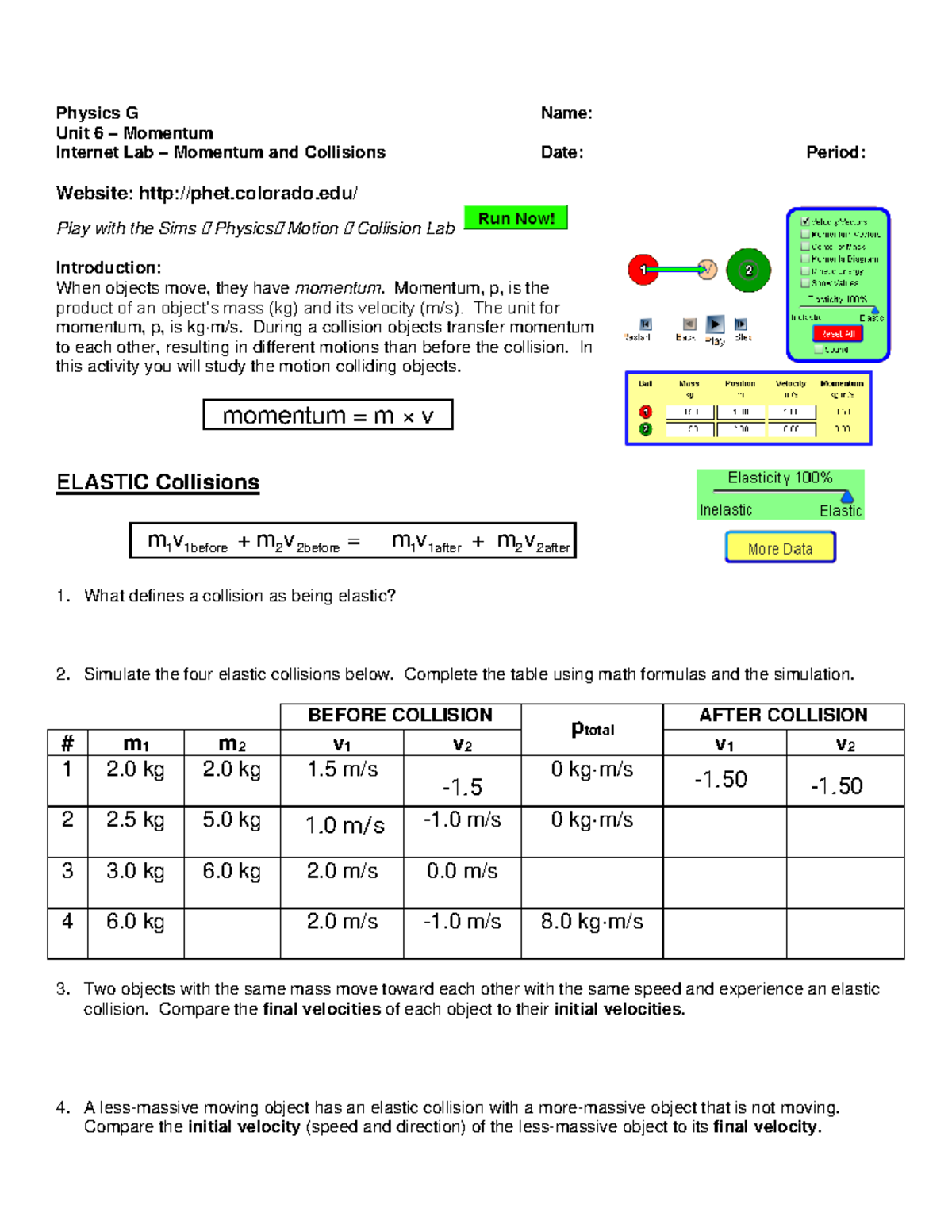 Physics G Unit 6: Momentum & Collisions Internet Lab - Studeersnel
