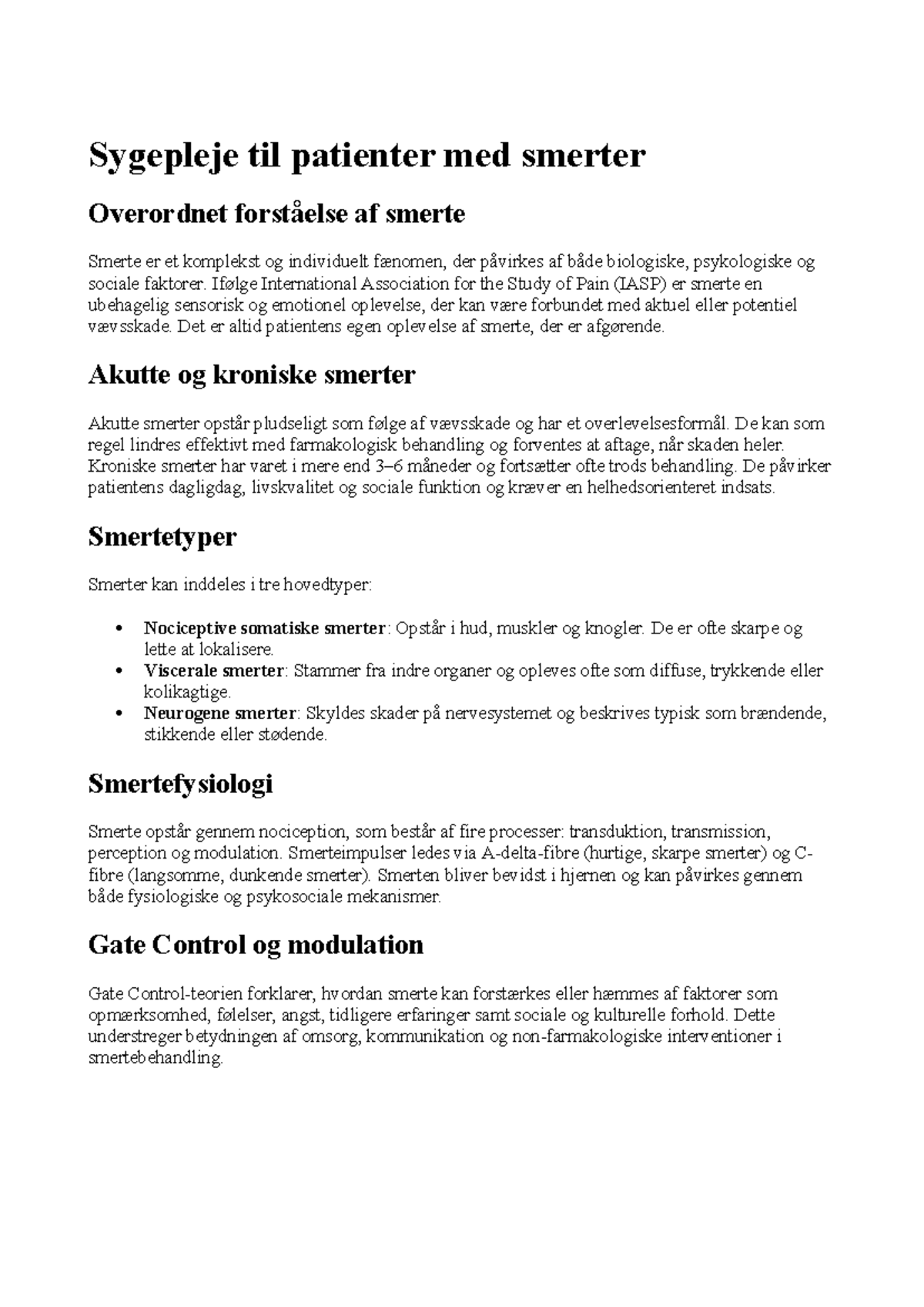 Sygepleje til patienter med smerter: En helhedsorienteret tilgang - Studocu