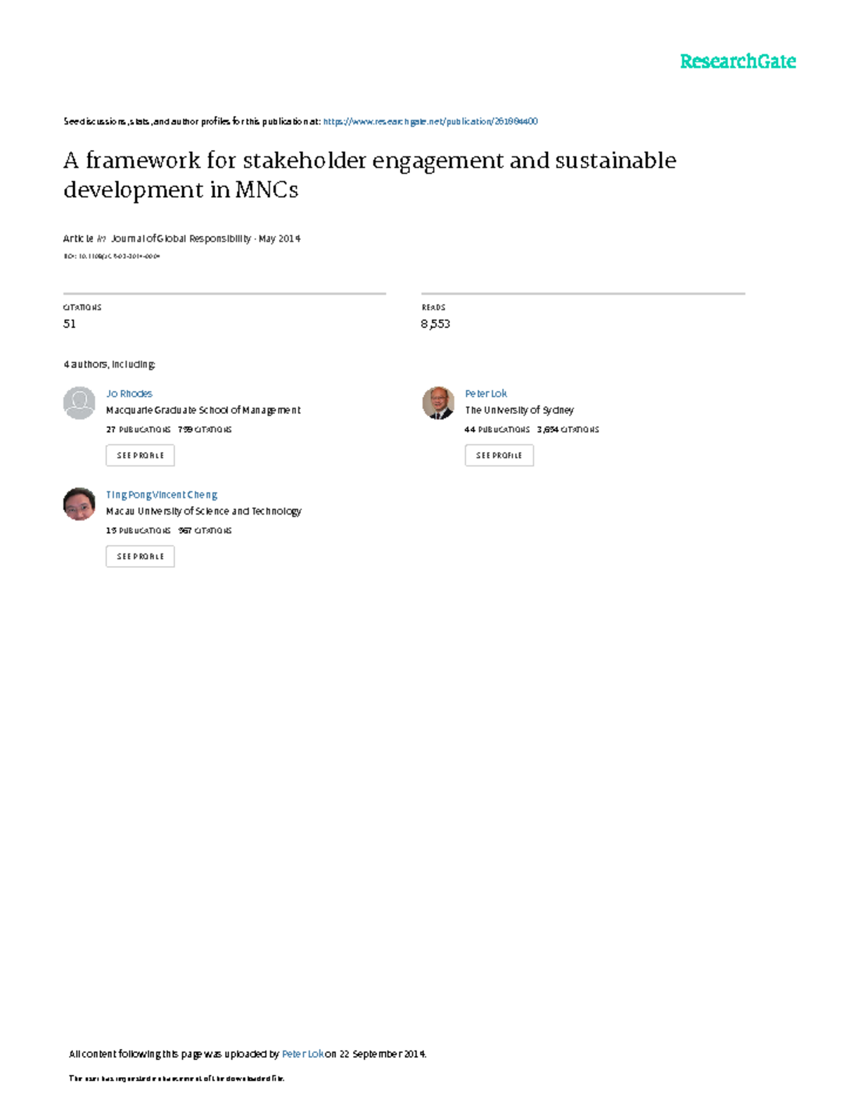 A Framework for Stakeholder Engagement & Sustainability - JGR - Studocu
