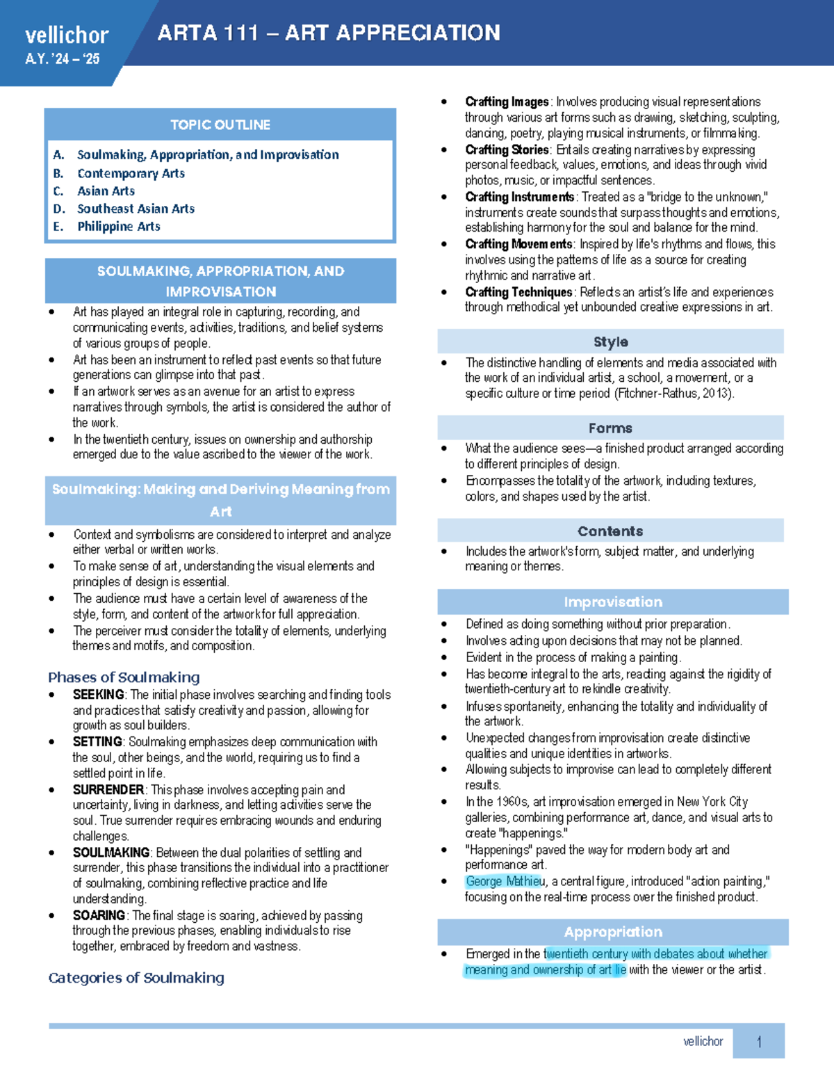 Arta-finals - Practice Exam - vellichor A. ’2 4 – ‘2 5 TOPIC OUTLINE A. Soulmaking ...