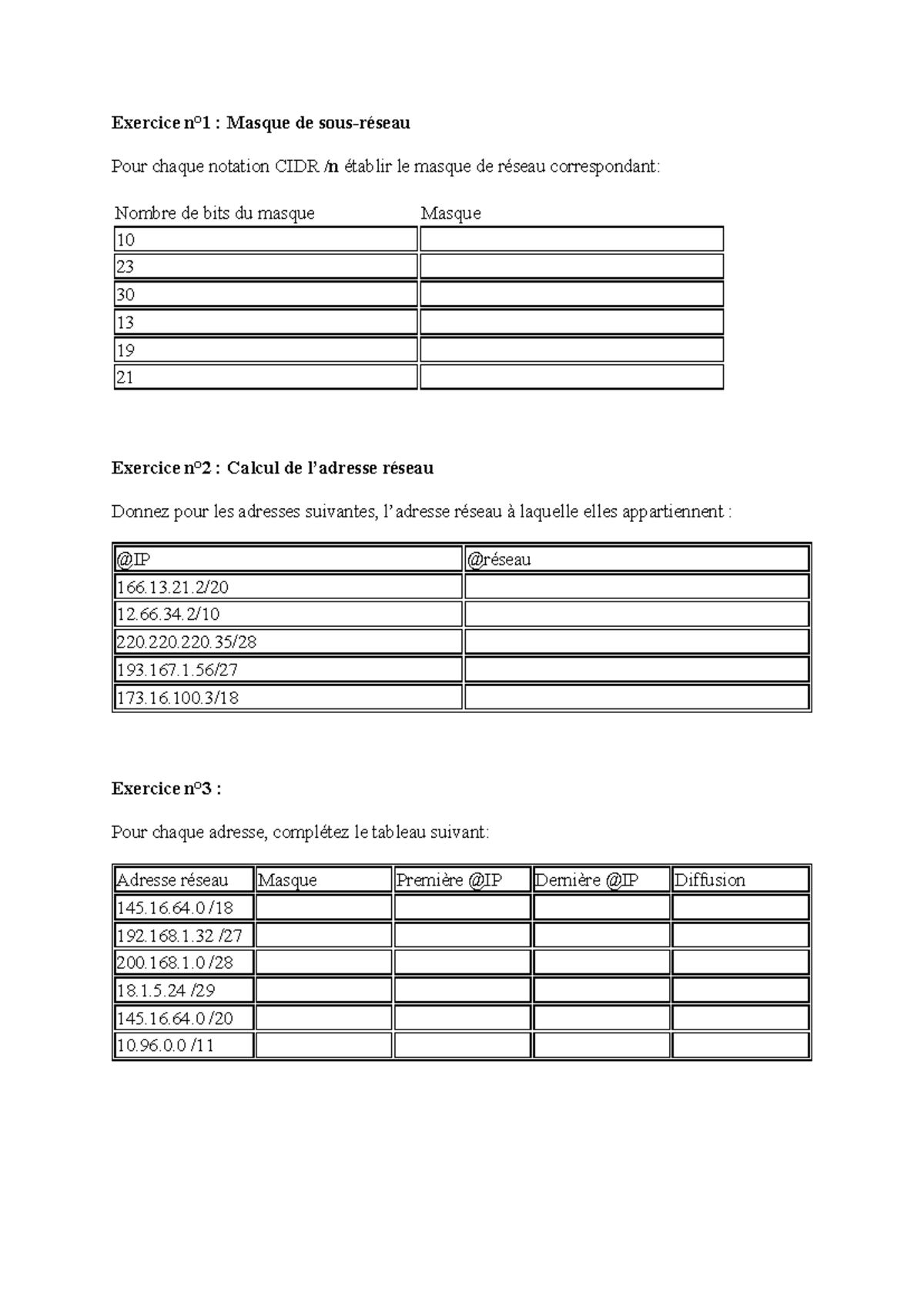 Exercices-subnetting - Exercice n°1 : Masque de sous-réseau Pour chaque ...
