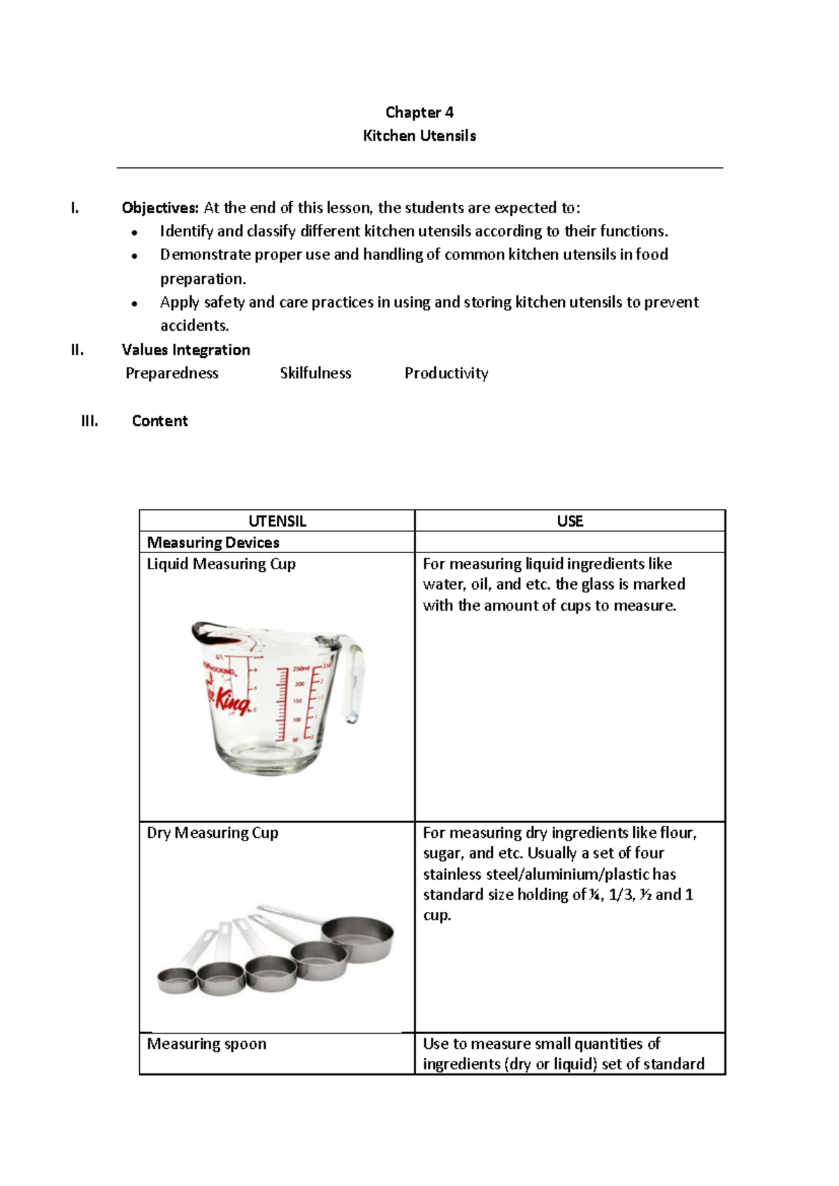Chapter 4: Kitchen Utensils and Their Functions Guide - Studocu